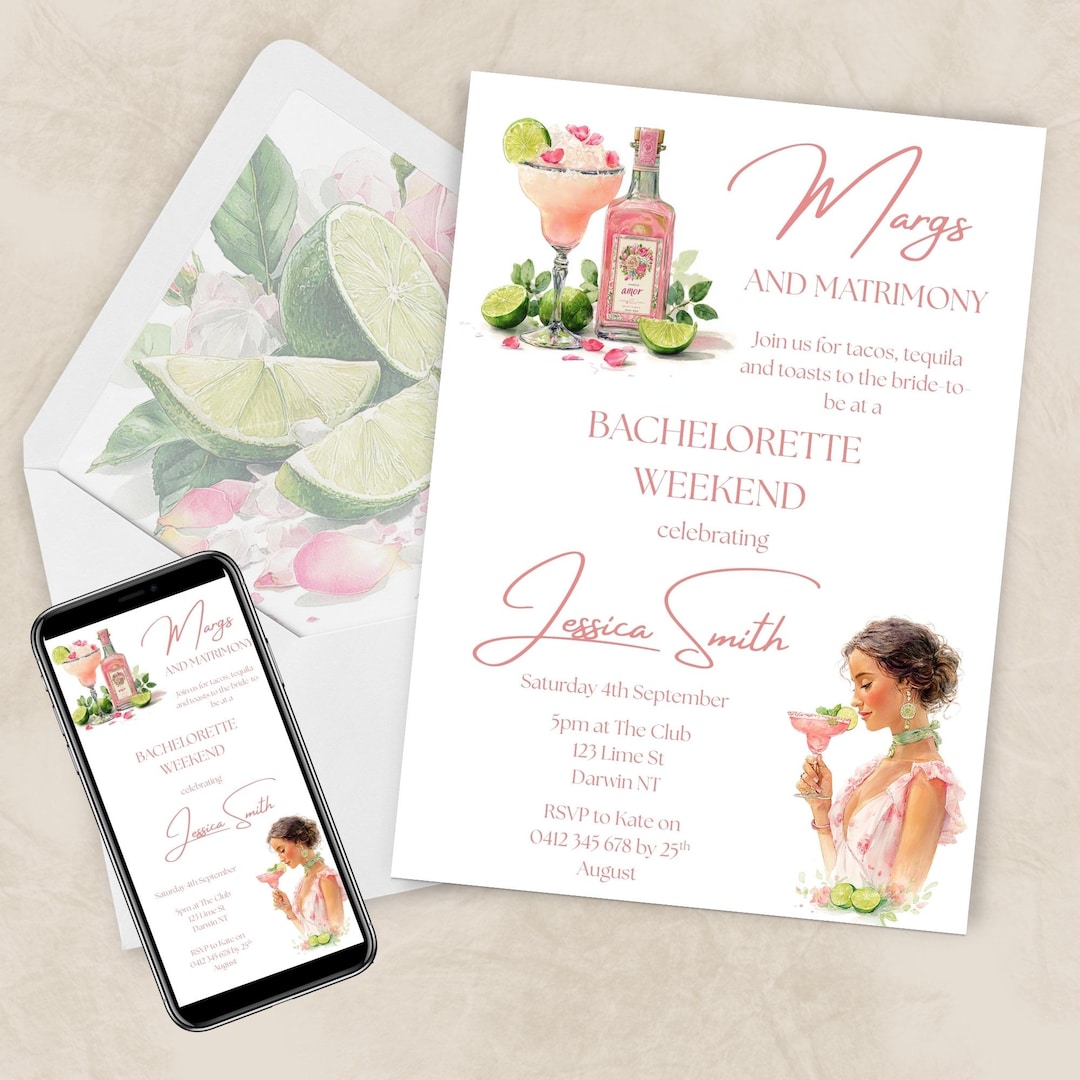 Margs and Matrimony Bachelorette Party Invitation: Pink Tequila ...