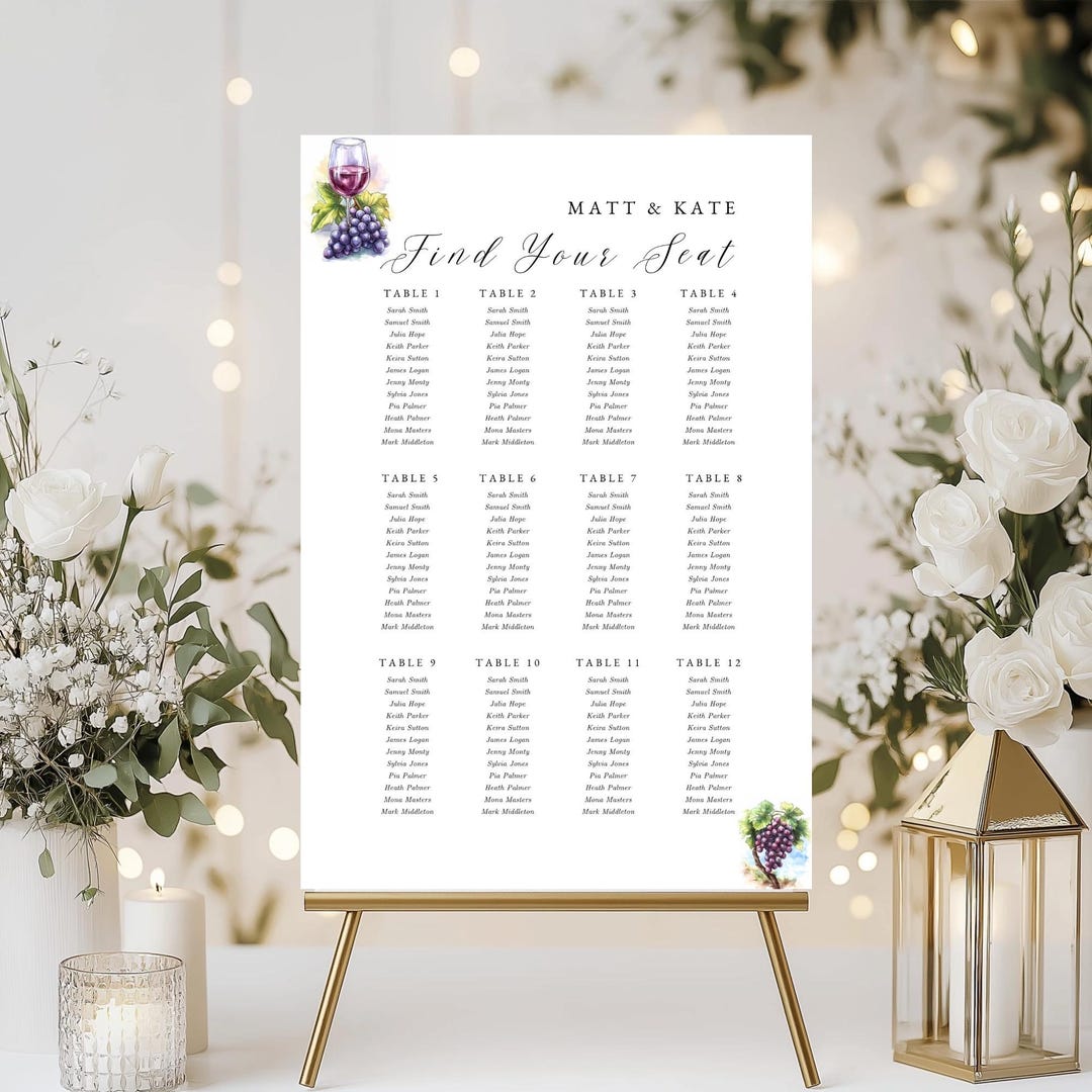 Watercolour Winery Wedding Seating Chart Template, Editable Digital ...
