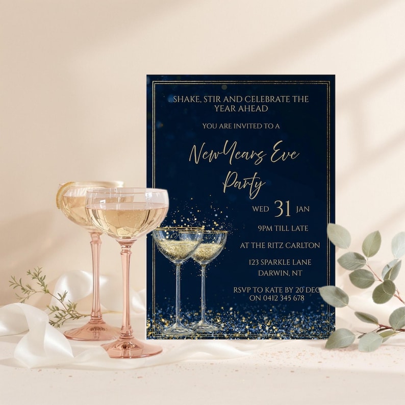 Navy Blue and Gold New Year’s Eve Party Invitation, Editable Template ...