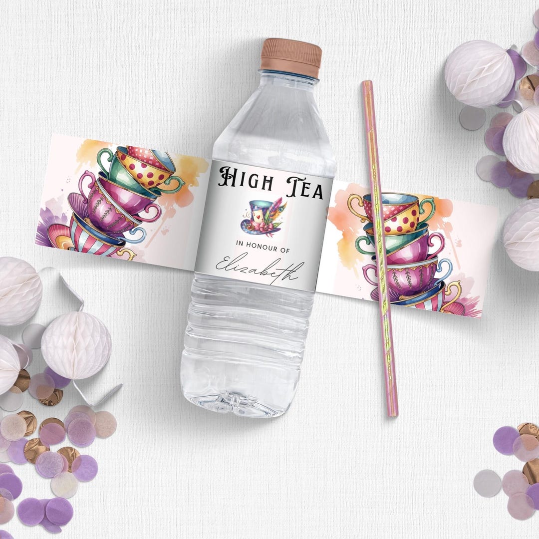 Mad Hatter High Tea Water Bottle Label Template, Customisable Editable ...