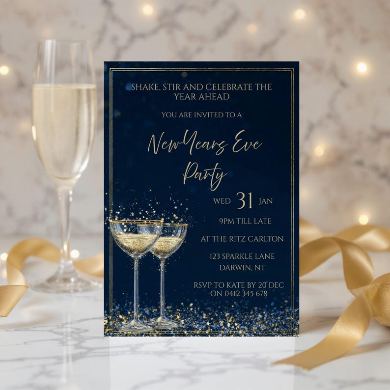 Navy Blue and Gold New Year’s Eve Party Invitation, Editable Template ...