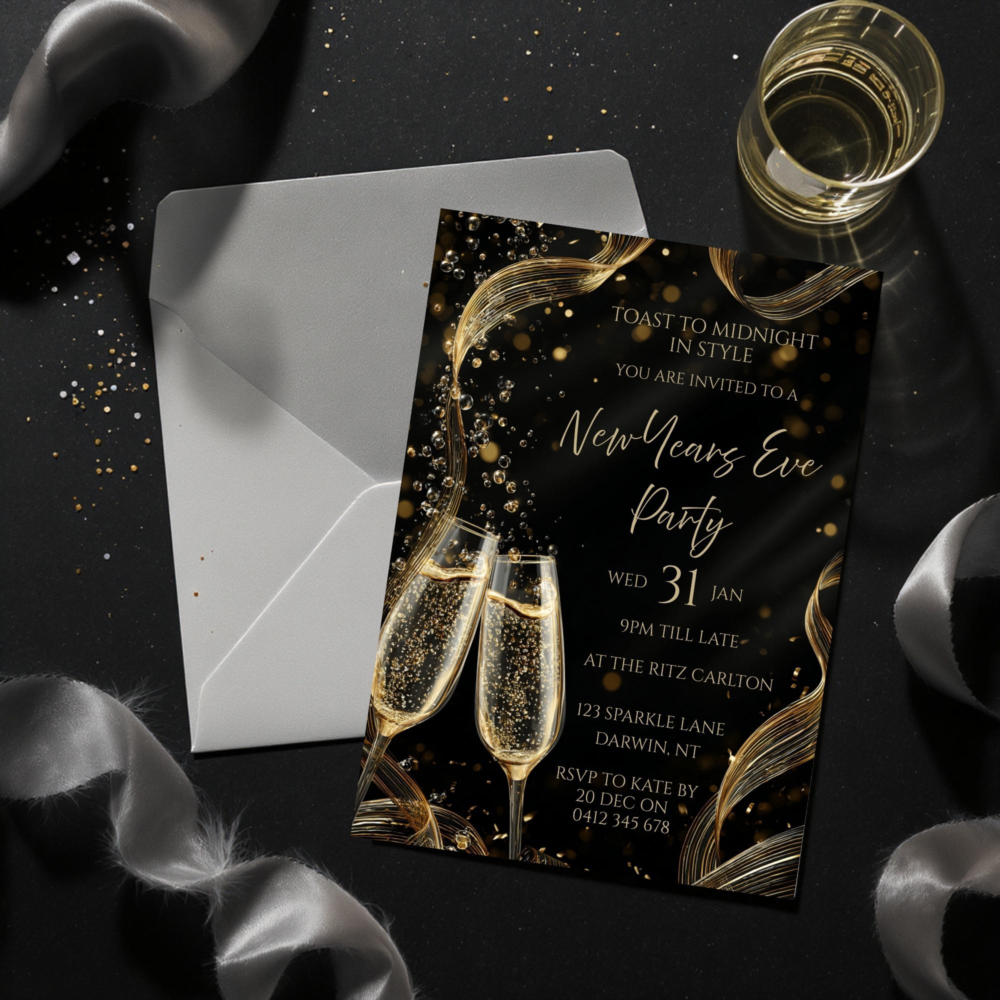Black and Gold New Years Eve Party Invitation | Elegant Champagne NYE ...