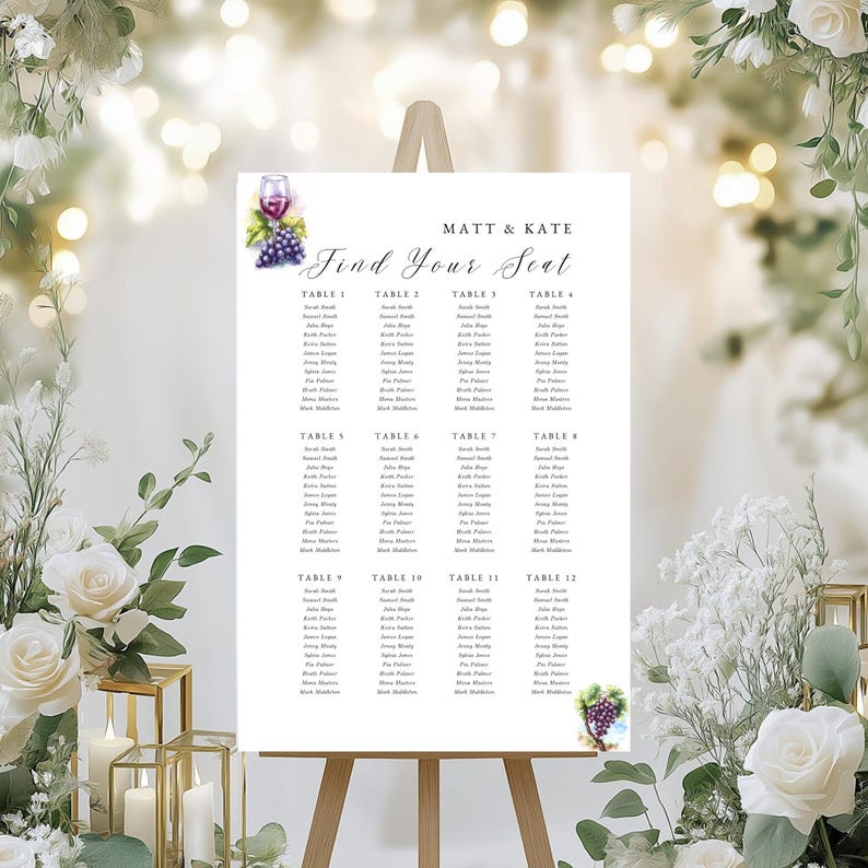 Watercolour Winery Wedding Seating Chart Template, Editable Digital ...