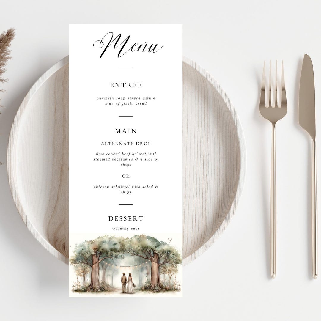 Forest Destination Wedding Event Menu Template, Rustic Woodland Scene ...