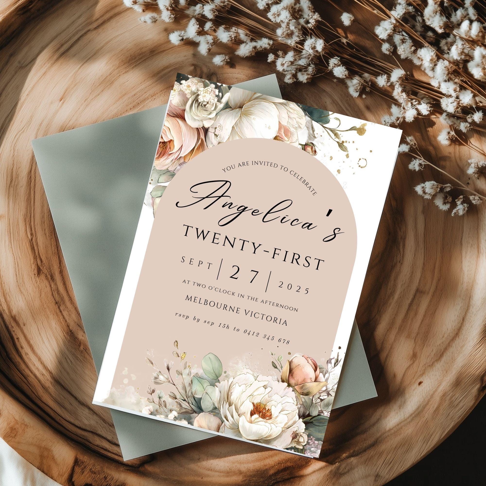 Floral Peach Birthday Invitation Template, Stylish Design, Editable ...