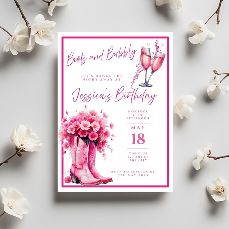 Boots and Bubbly Birthday Invitation Template, Stylish Design, Editable ...