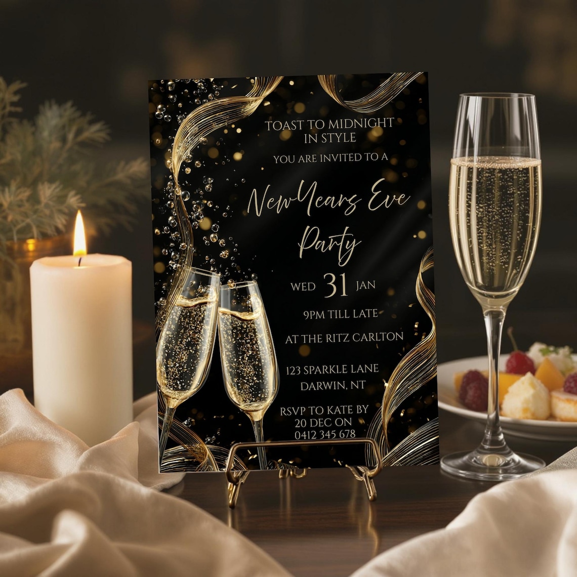 Black and Gold New Years Eve Party Invitation | Elegant Champagne NYE ...