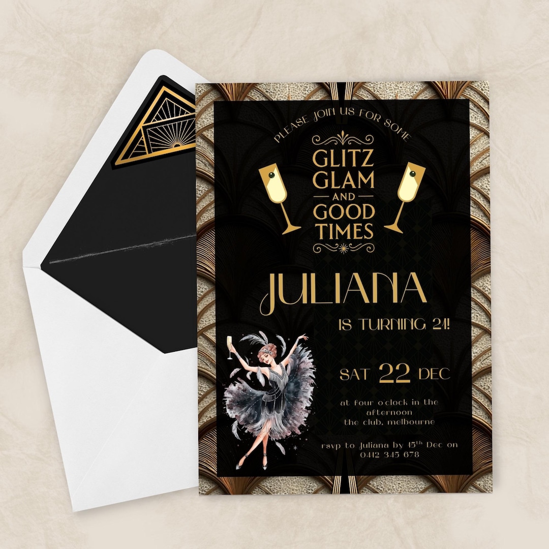 Silver Art Deco 1920s Birthday Invitation, Roaring 20s Gatsby Party ...