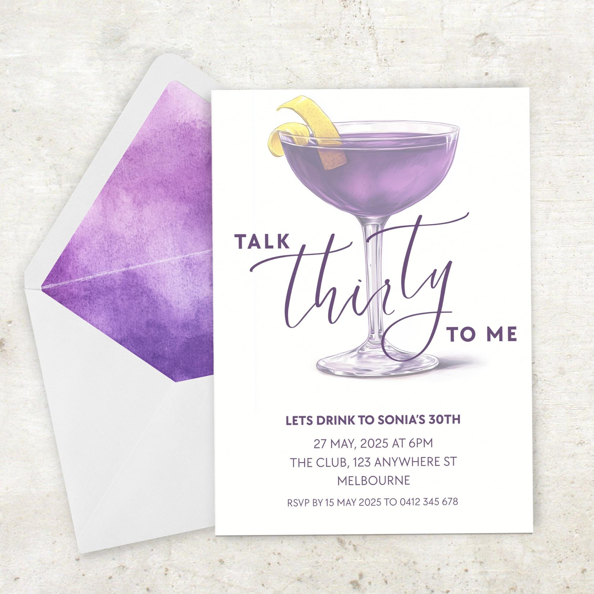 Talk Thirty to Me Birthday Invitation, Lavender Lemon Martini, Elegant ...