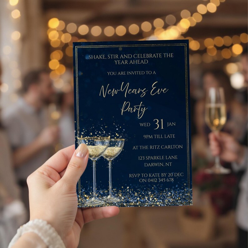 Navy Blue and Gold New Year’s Eve Party Invitation, Editable Template ...