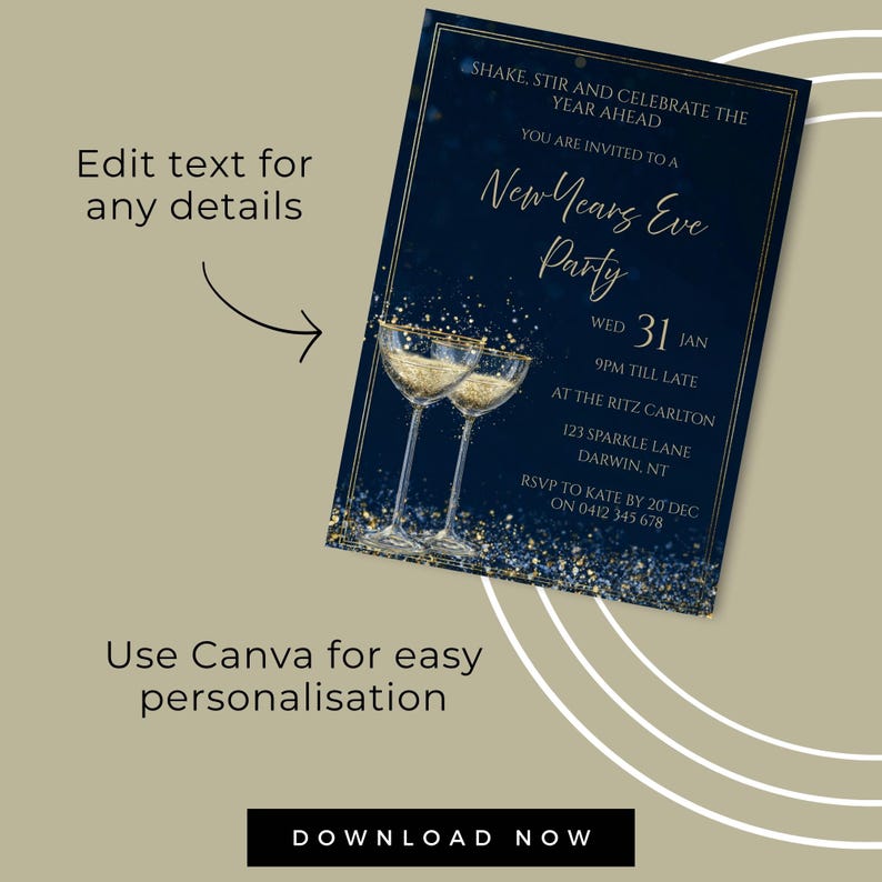 Navy Blue and Gold New Year’s Eve Party Invitation, Editable Template ...
