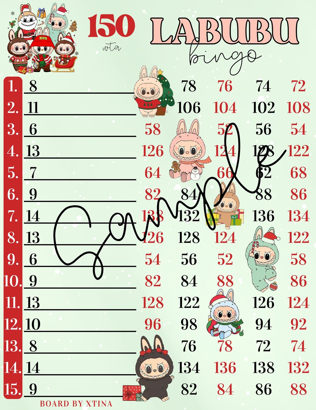 150 WTA Christmas Labubu Bingo Board - Etsy