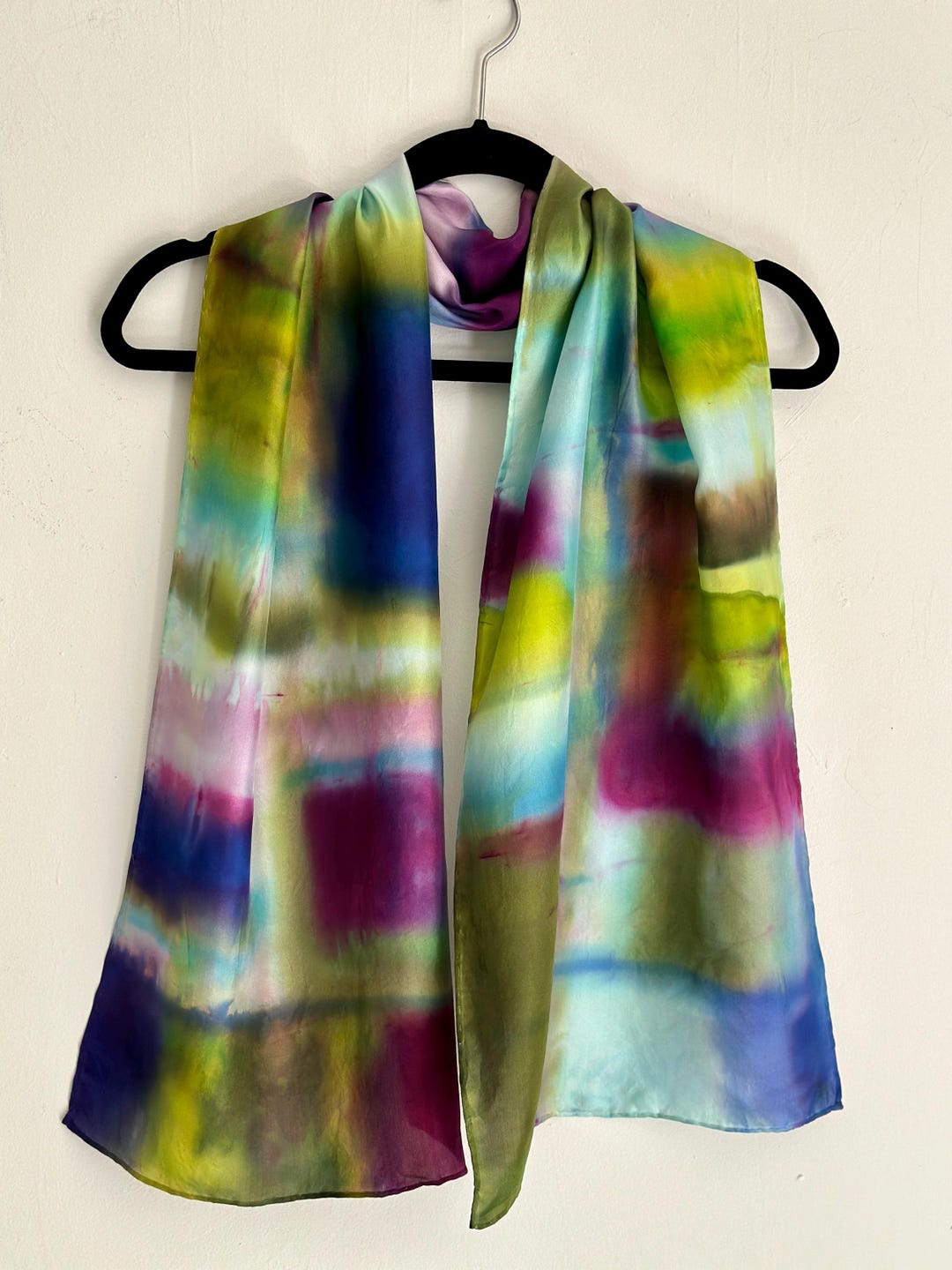 Hand-painted Abstract Silk Scarf in Olive, Turquoise, Burgundy, and ...