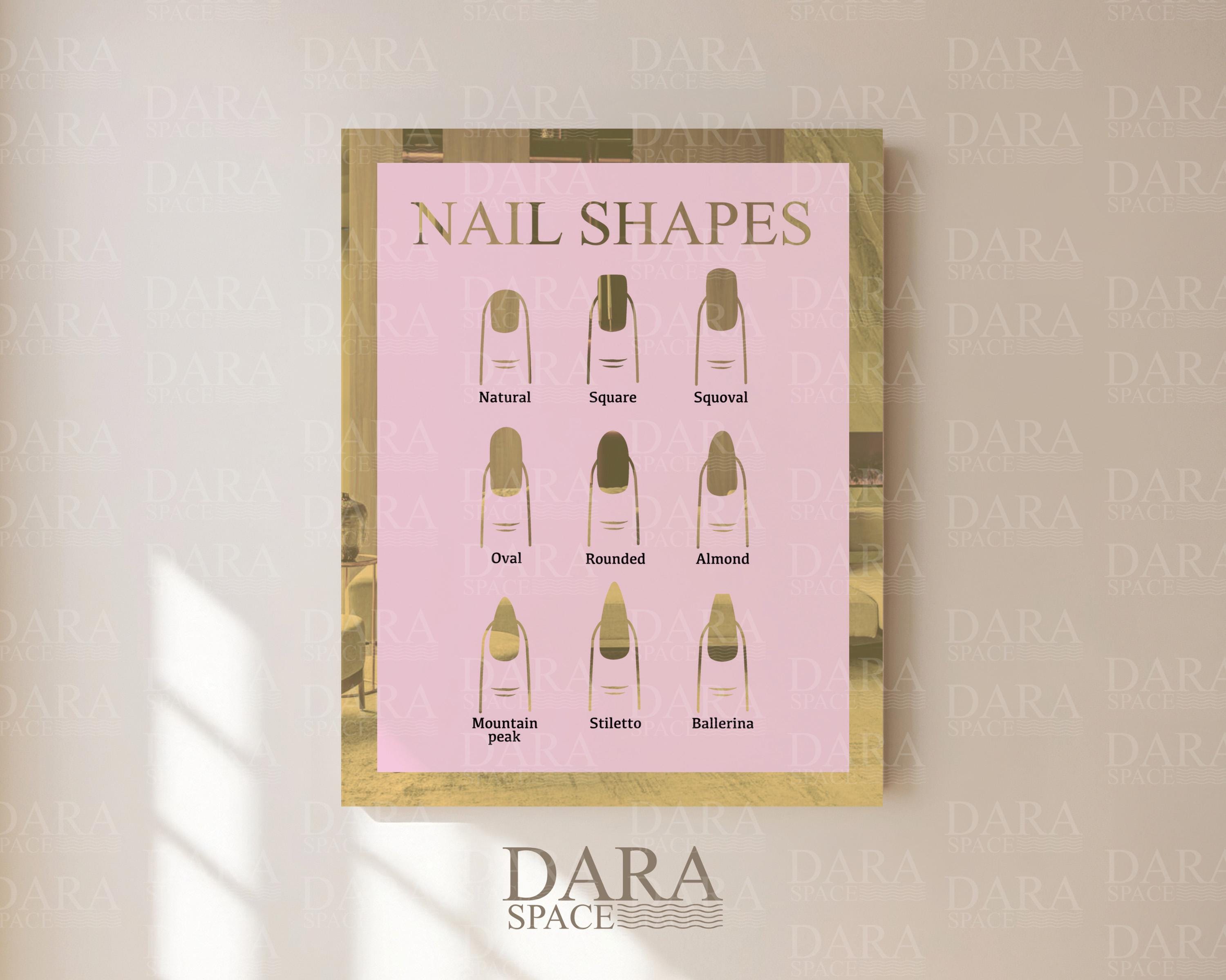 Nail Shapes Chart, Nail Salon Decor, Nail Shapes Sign, Pink Nail Shapes ...
