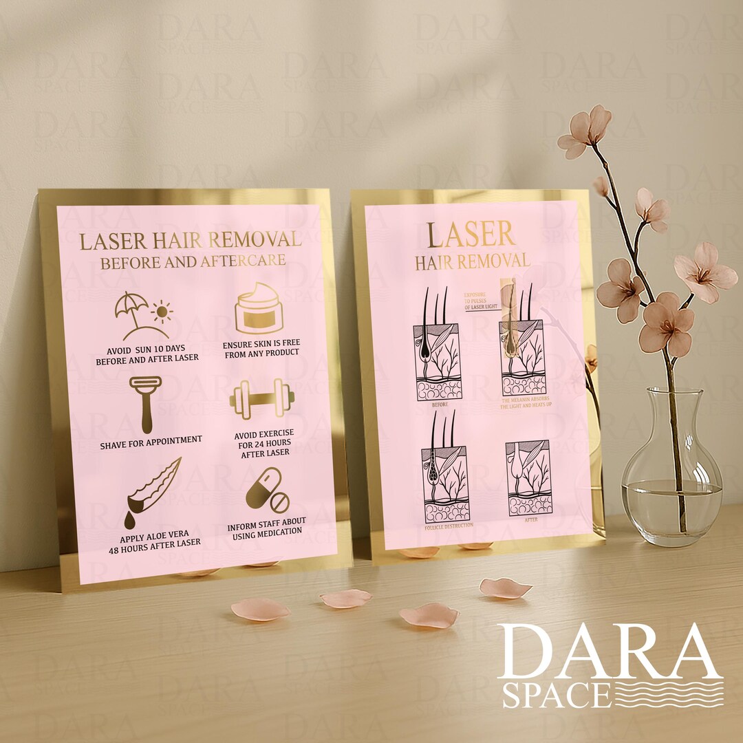 Laser Hair Removal Sign Set: Gold Mirror, Pink Pre & Aftercare Charts ...