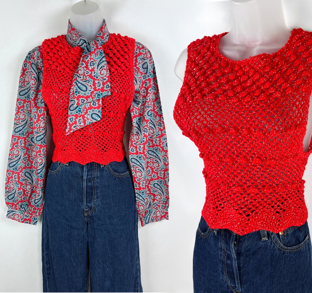 70s Vintage Cherry Red Crochet Vest With Low Cut Armholes XXS XS Small ...