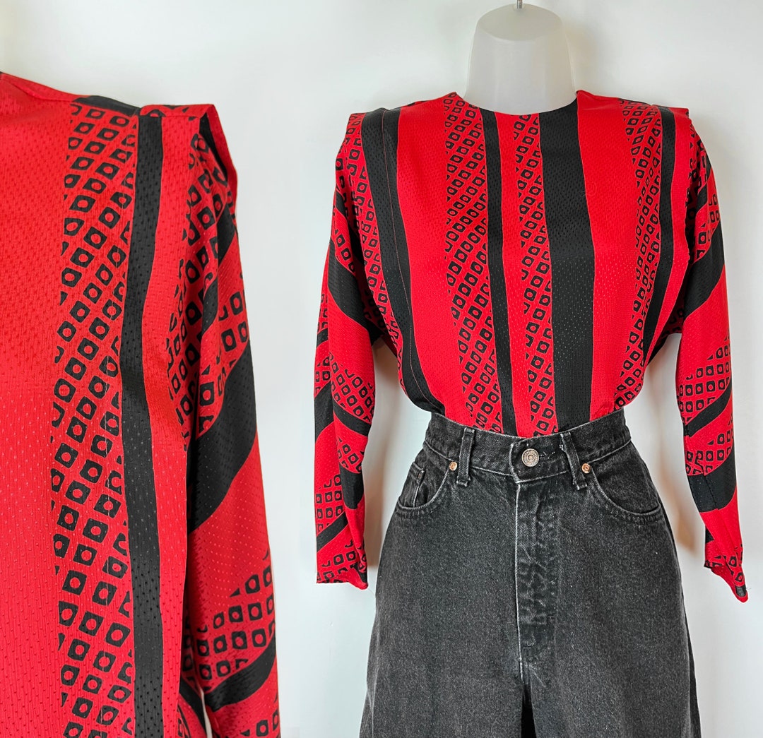 80s Vintage Red and Black Vertical Stripe Cocktail Blouse Size 4 Small ...