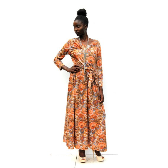 70s rust floral tapestry print cowl neck maxi dress, … - Gem