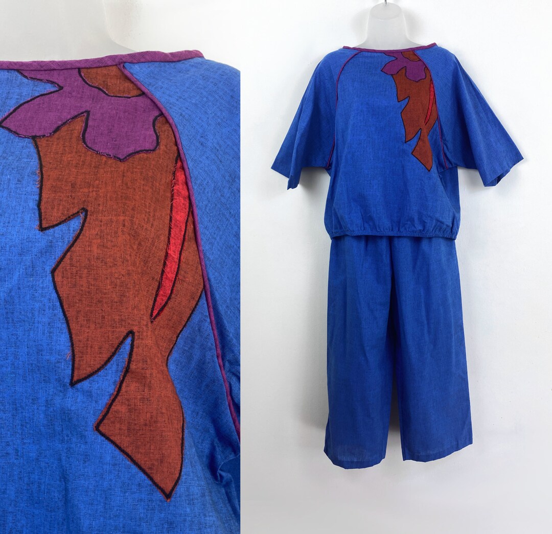 80s Blue and Rust Leaf Motif Cotton Pajama Set Small Medium Top and ...