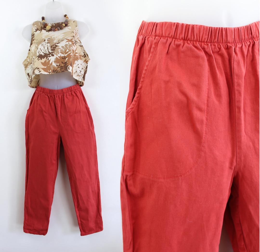 90s Vintage Brick Red Elastic Waist Stretch Pants, Small Medium, Elastic Waist, Stretchy Red ...