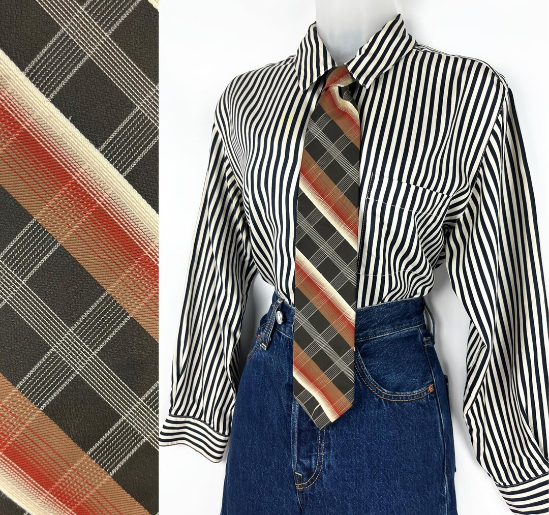 70s Vintage Cocoa Brown White and Red Diagonal Plaid Necktie Mad Men ...