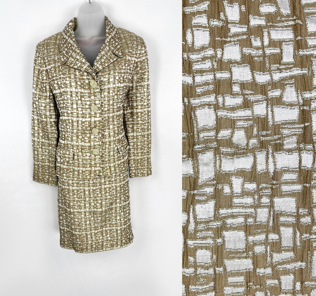 1980s Vintage Gold Lamé Crinkle Jacquard Blazer and Skirt Suit Size 10 ...