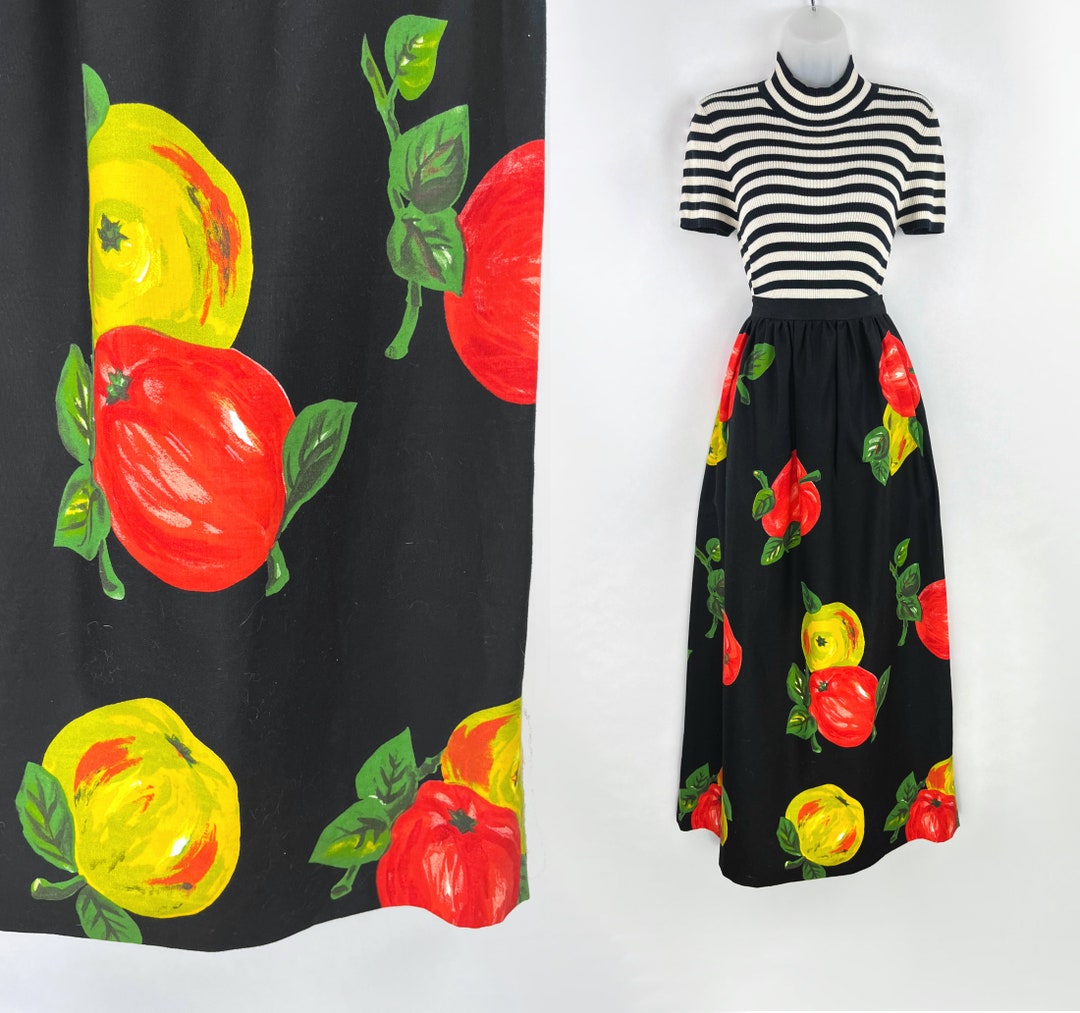 70s Vintage Large Scale Apple Print Maxi Skirt 28 Inch Waist Fruit ...