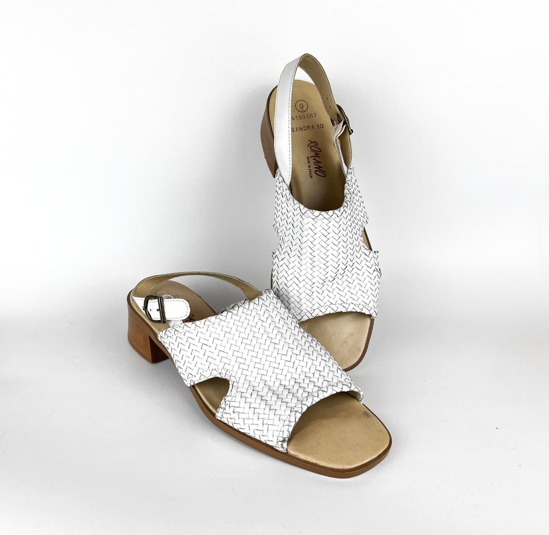 White Woven Leather Slingback Sandals With Block Heels Size 8.5 Size 9 ...