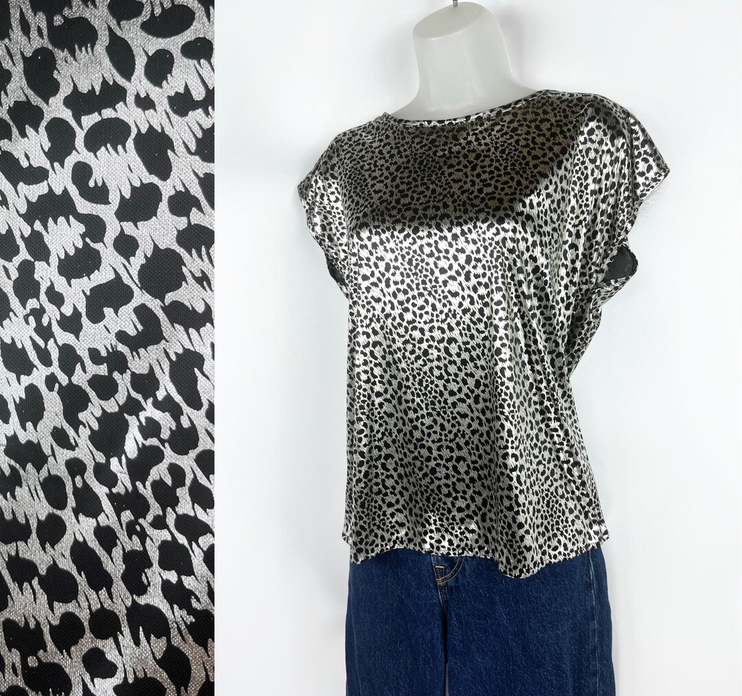80s Metallic Silver Leopard Print Cap Sleeve Blouse Disco Queen Studio ...