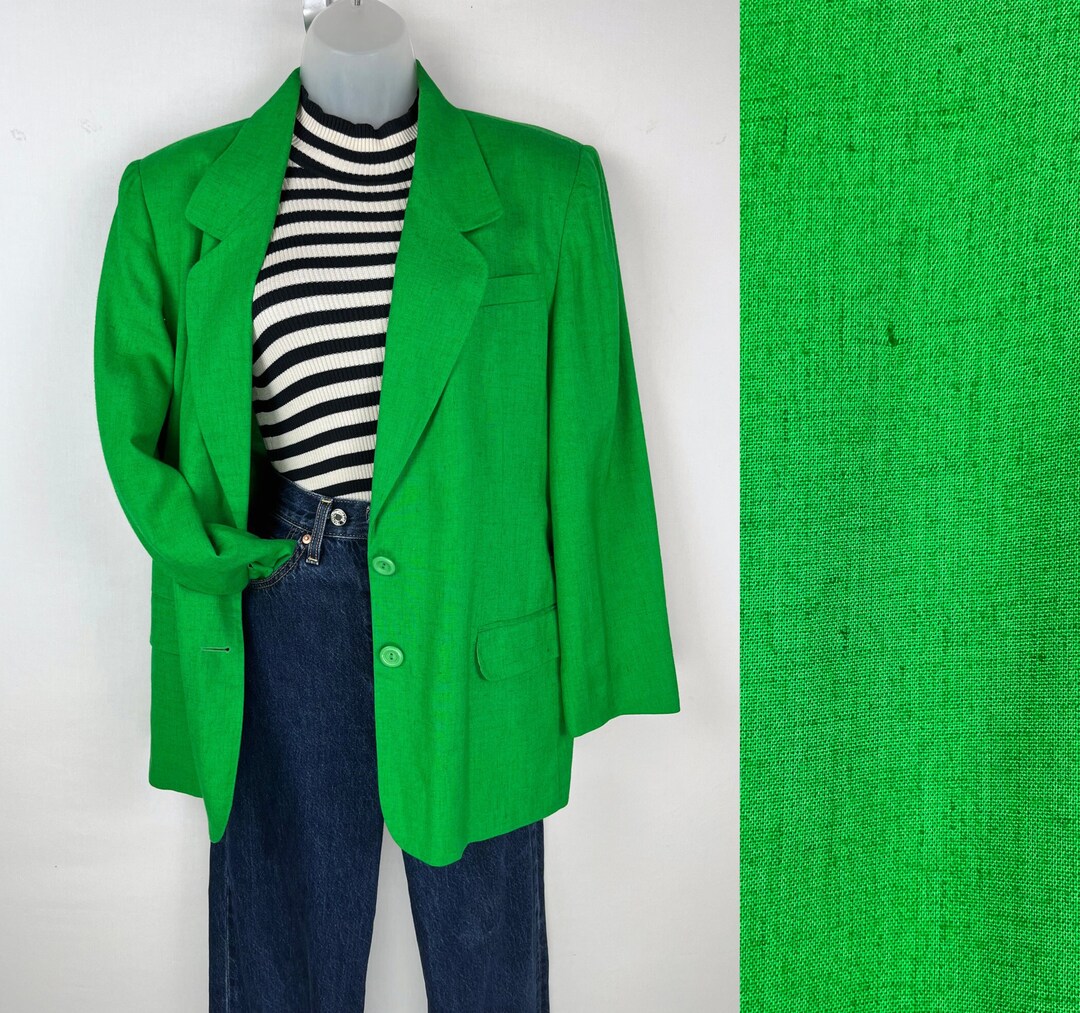 90s Vintage Kelly Green Linen Blend Blazer Size 14 Medium Large Green ...
