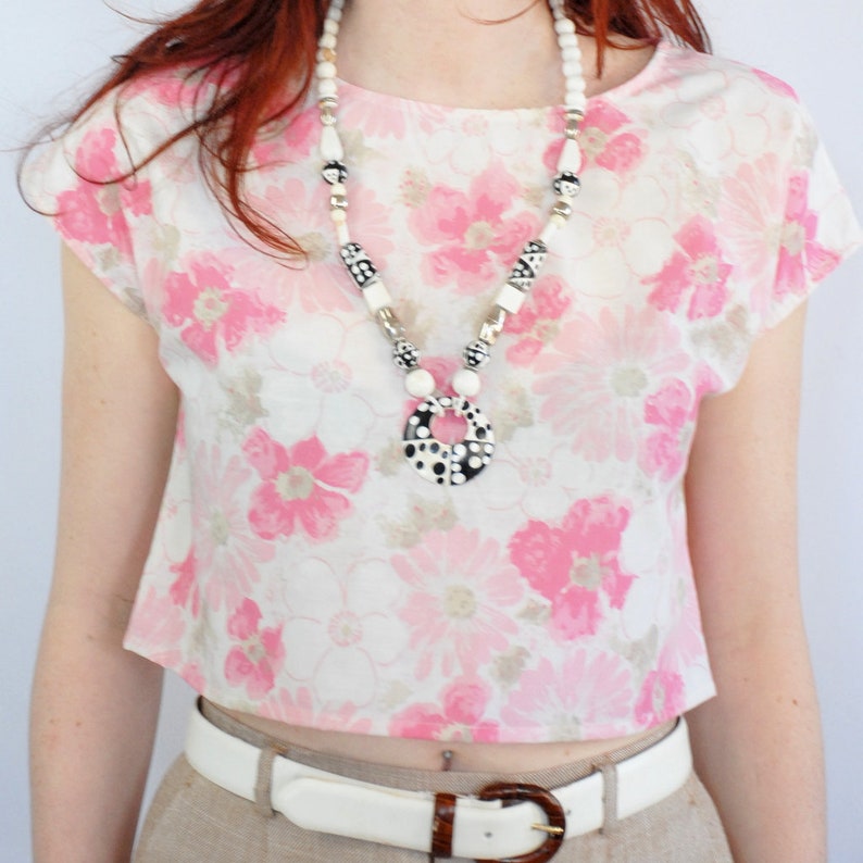White and Pink Floral Cap Sleeve Crop Top, Medium, Cottagecore ...