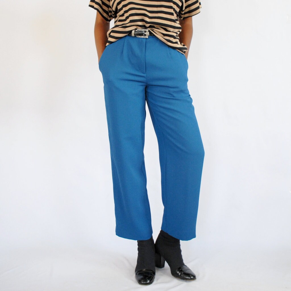 90s Dark Teal Blue High Waist Tapered Dress Slacks, 28 Inch Waist ...