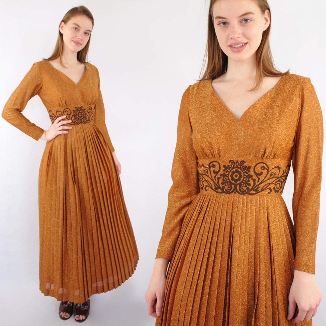 70s Rust Gold Lurex Long Sleeve Maxi Formal Dress ALFRED SHAHEEN, Size ...