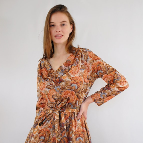 70s rust floral tapestry print cowl neck maxi dress, … - Gem
