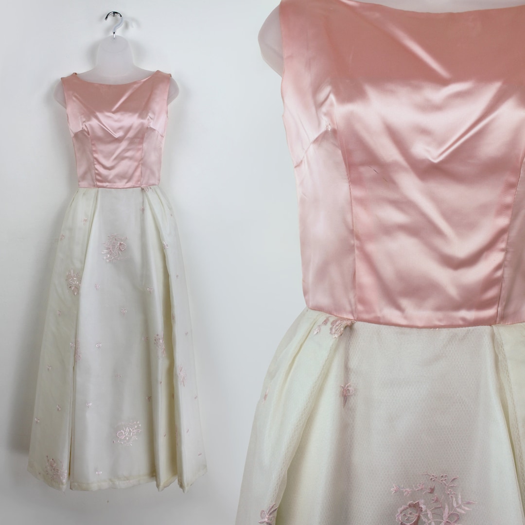 60s Vintage Formal Pink Satin and White Tulle Dress, 60s Prom Dress ...