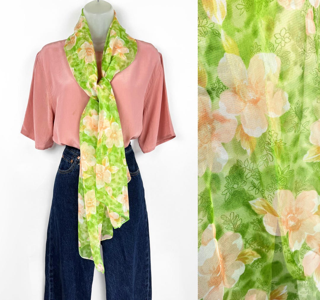 90s Vintage Green and Pink Floral Sheer Polyester Long Scarf Sheer ...