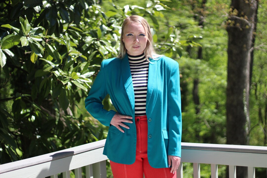 90s Vintage Turquoise Blue Blazer Size 12 Medium Turquoise Blazer 90s ...