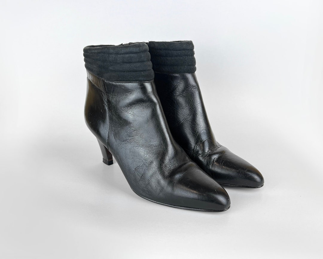 80s Vintage Black Leather Stiletto Booties With Quilted Cuff Size 5 ...