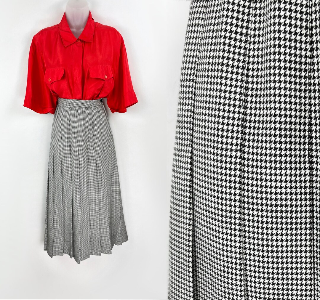 90s Vintage Small Houndstooth Print Pleated Midi Skirt Size 10, 28 Inch ...