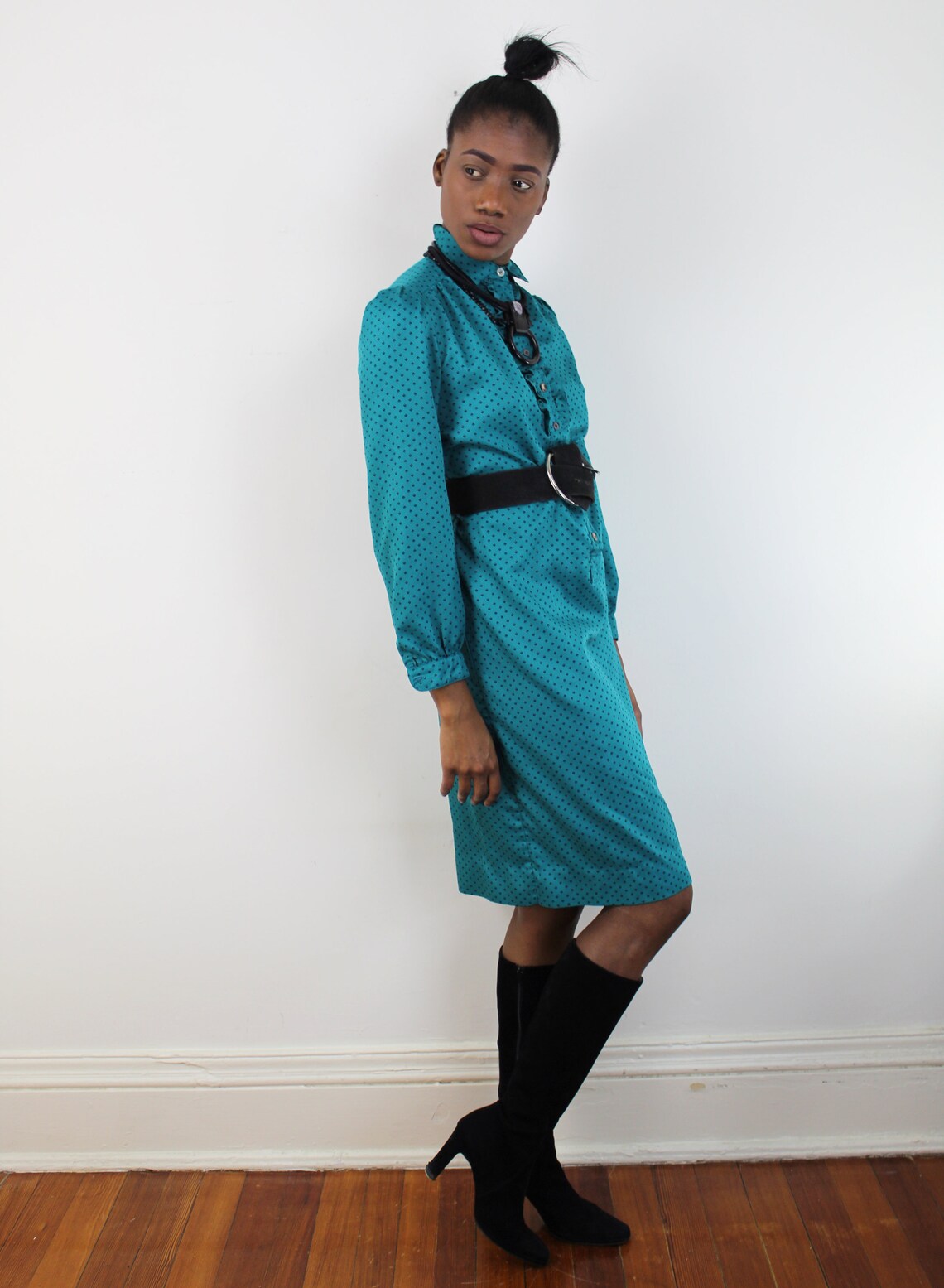 80s Teal and Black Poly Shirtdress With Ruffle, Size 8, Medium, 80s ...