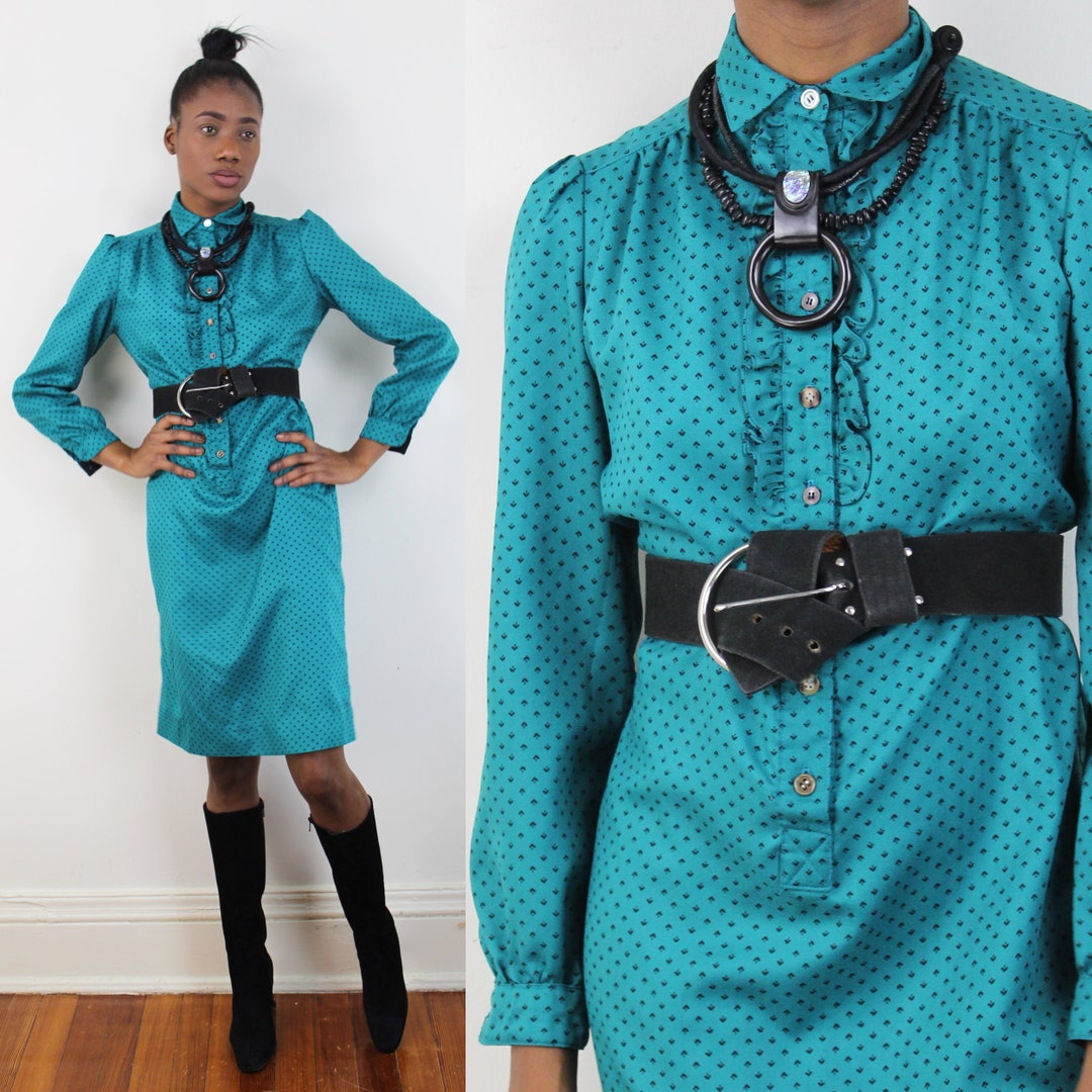 80s Teal and Black Poly Shirtdress With Ruffle, Size 8, Medium, 80s ...