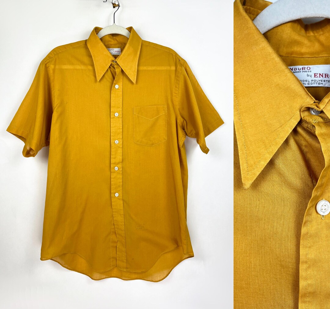 70s Vintage Mustard Yellow Short Sleeve Men's Dagger Collar Button ...