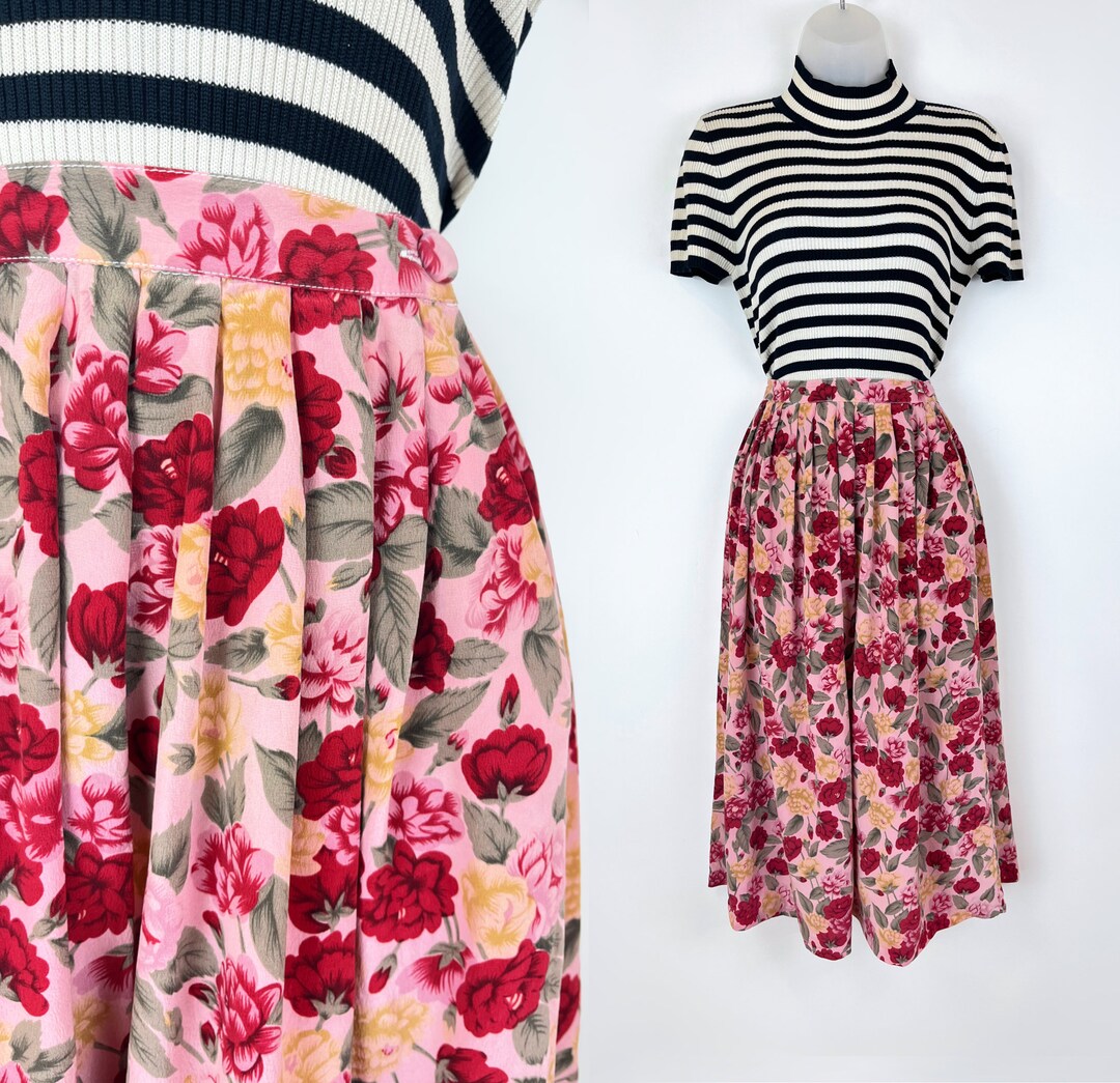 90s Vintage Pink and Red Floral Print Silk Midi Skirt 25 Inch Waist ...