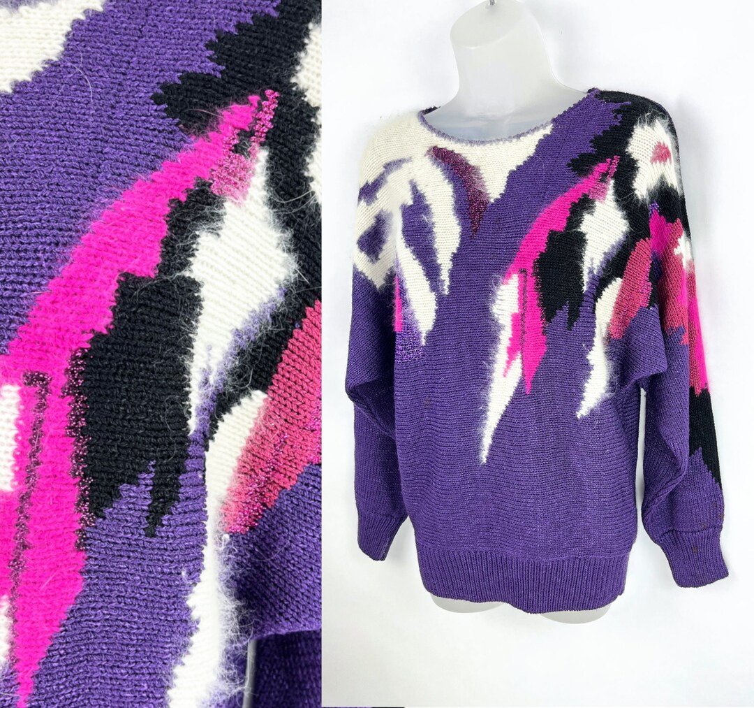 80s Vintage Purple and Pink Angora Accent Dolman Sleeve Sweater Small ...