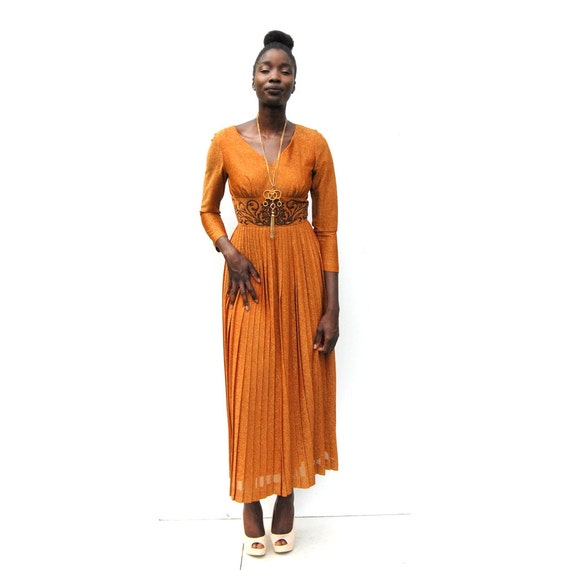 70s rust gold Lurex long sleeve maxi formal dress ALF… - Gem