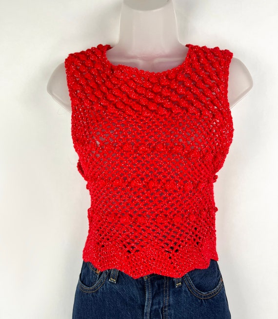 70s vintage cherry red crochet vest with low cut armh… - Gem
