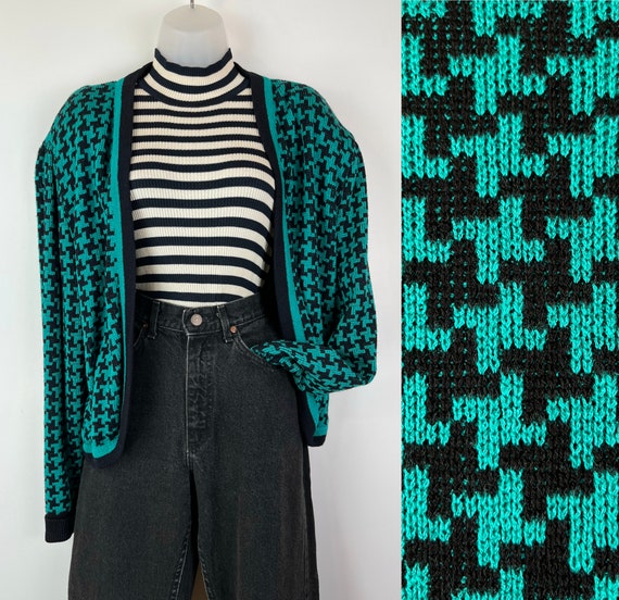 80s vintage emerald green houndstooth open front knit… - Gem