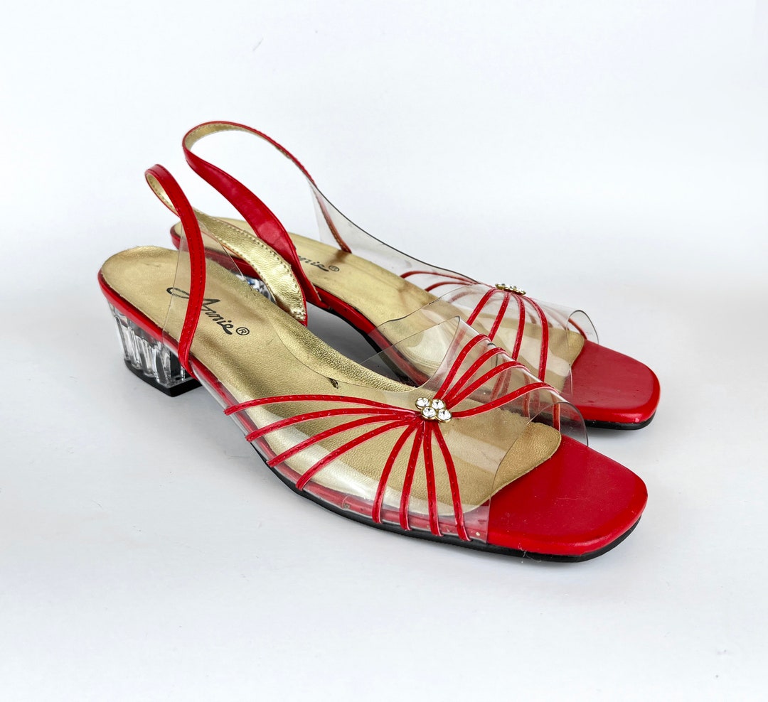80S Red Starburst Clear Perspex Slingback Sandals With Clear Block Heel ...