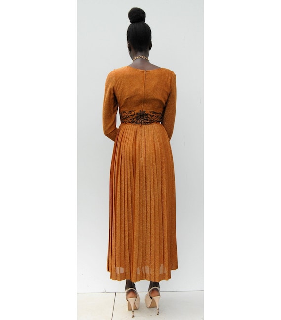 70s rust gold Lurex long sleeve maxi formal dress ALF… - Gem