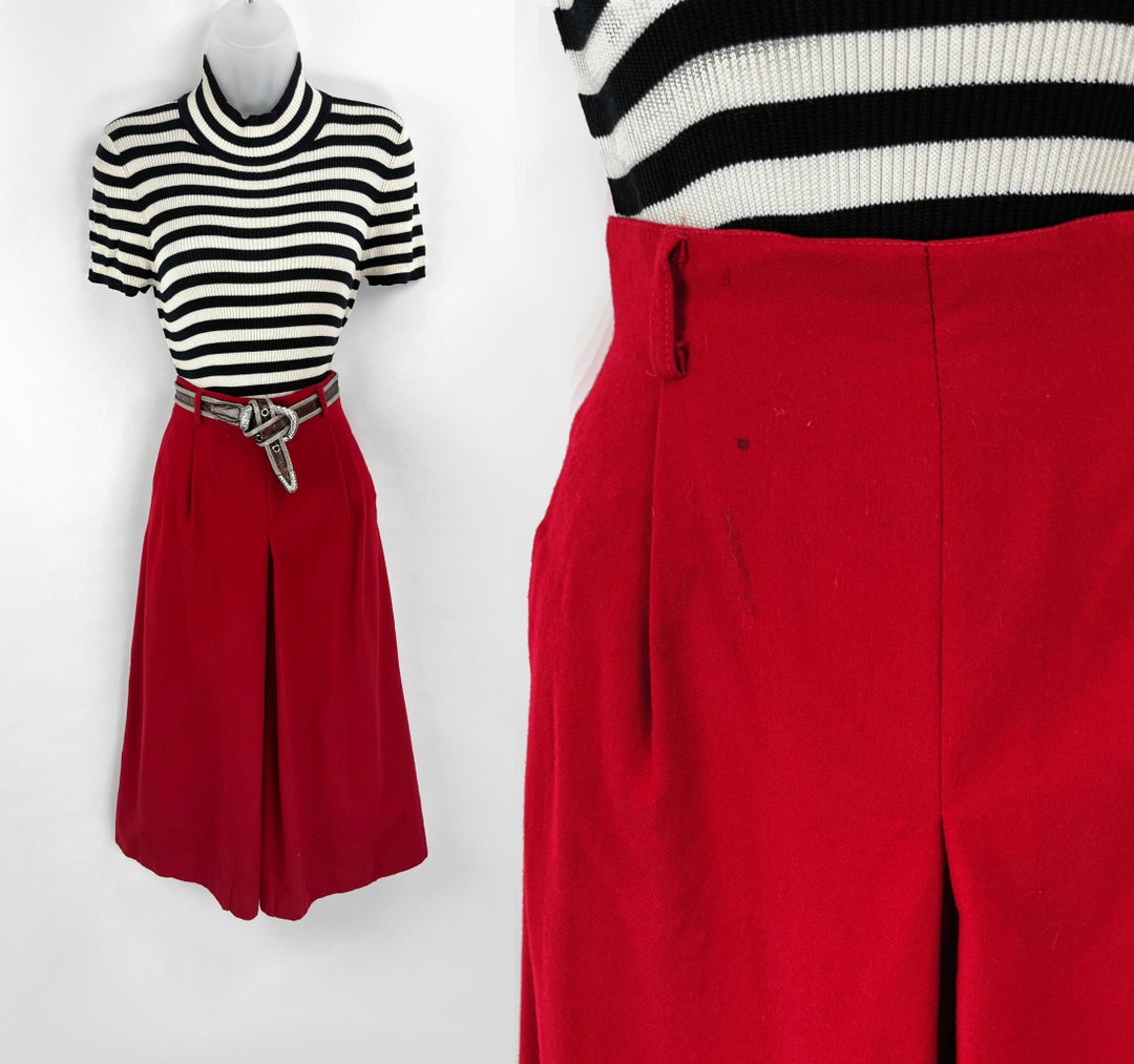 90s Vintage Deep Red Wool High Waist Gauchos Red Wool Trousers Size 8 ...